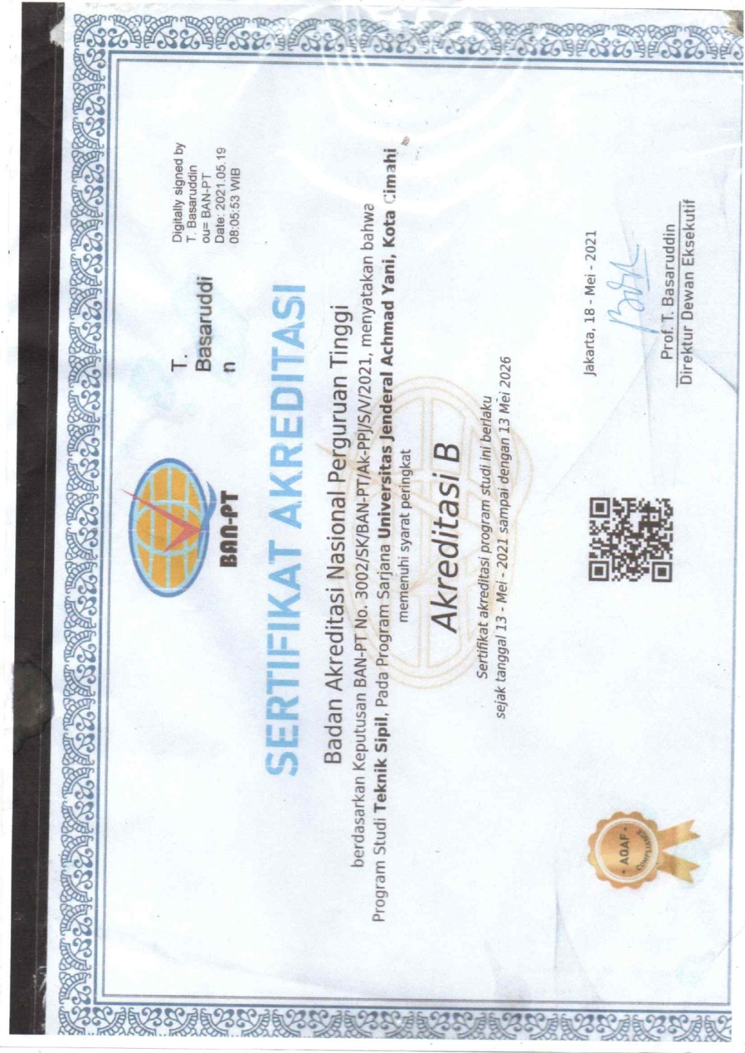 SERTIFIKAT AKREDITASI – Teknik Sipil Unjani